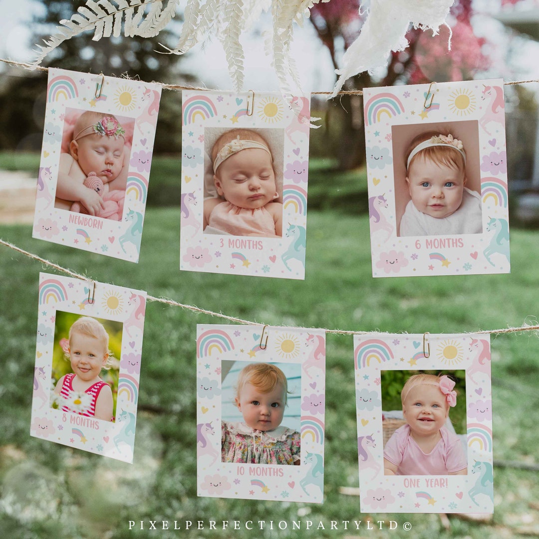 Editable Unicorn Birthday Monthly Banner Magical Pastel Rainbow Unicorn ...