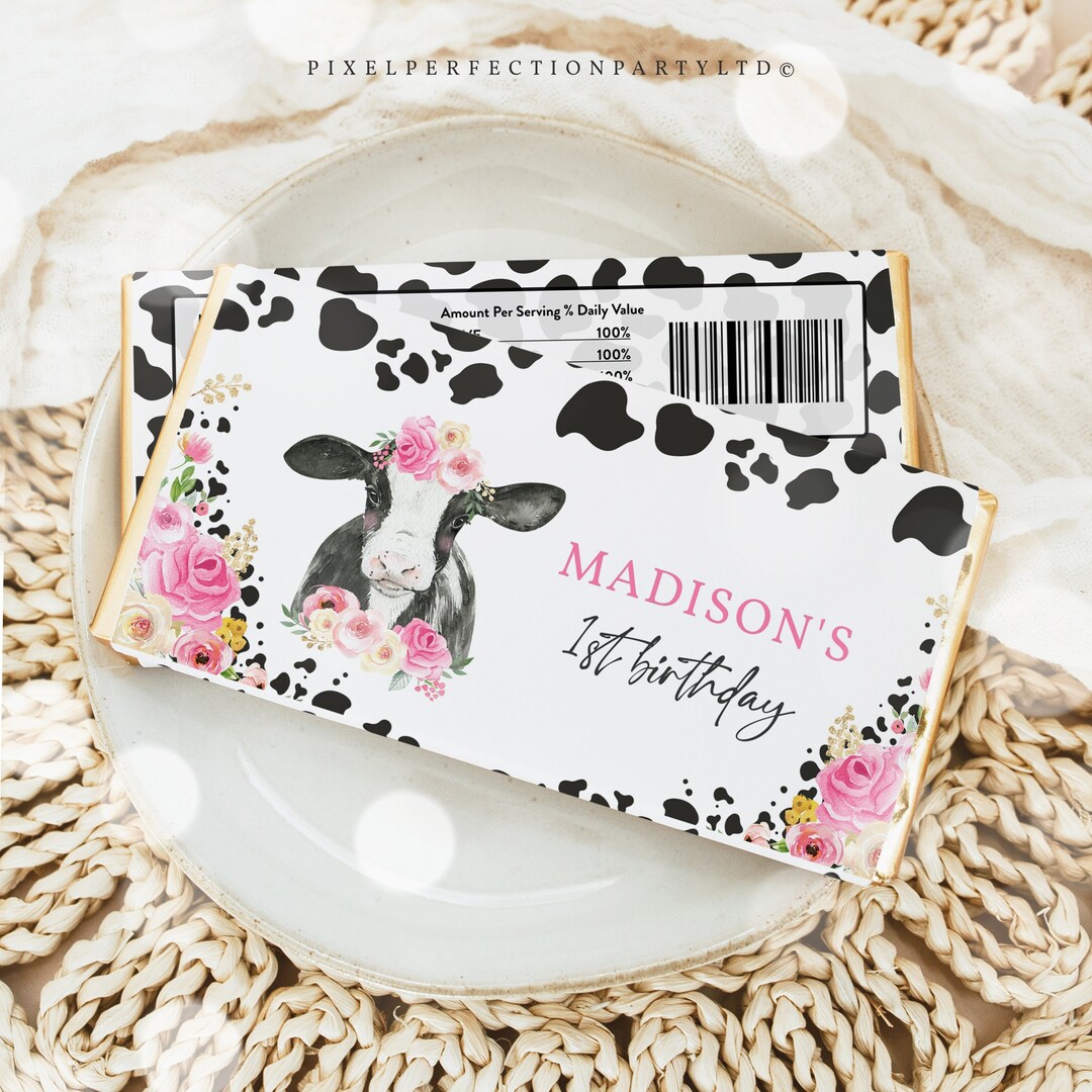 Editable Cow Birthday Party Candy Bar Label Holy Cow I'm One Farm 1st ...