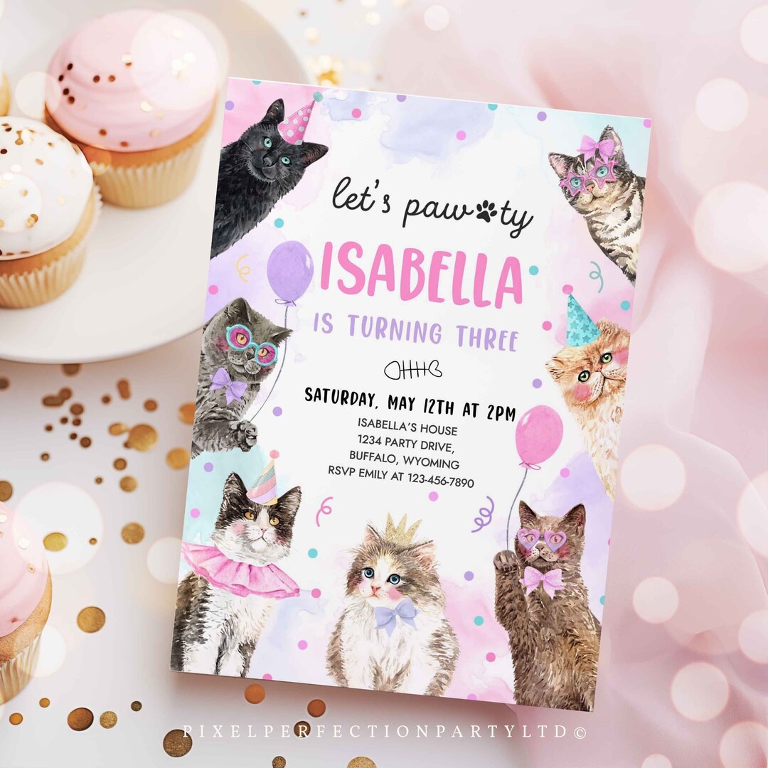 Editable Kitten Birthday Invitation Cat Birthday Party Invitation Let's ...