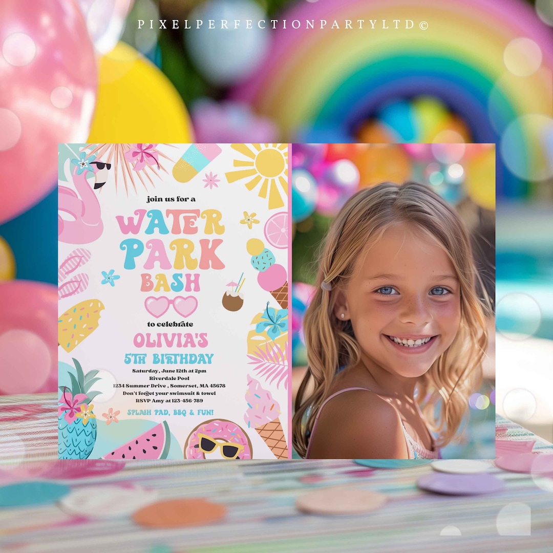 Editable Water Park Birthday Party Invitation Tropical Splish Splash ...