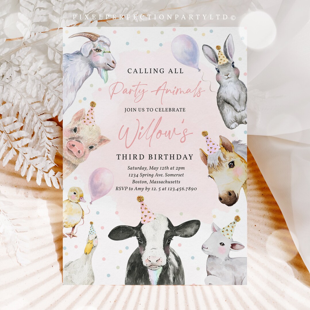 Editable Farm Animals Birthday Party Invitation Pink Girl Farm - Etsy