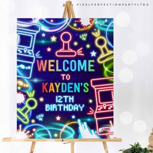Editable Arcade Birthday Welcome Sign Boy Neon Glow Retro Video Gaming ...