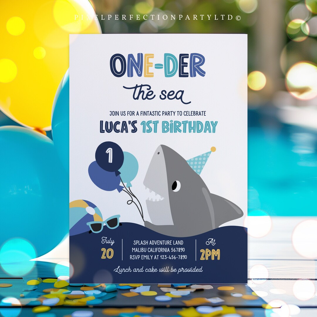Editable Shark One-der the Sea 1st Birthday Party Invitation Under the ...