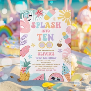 Editable Splash Into Ten 10th Birthday Pool Party Invitation Tropical ...