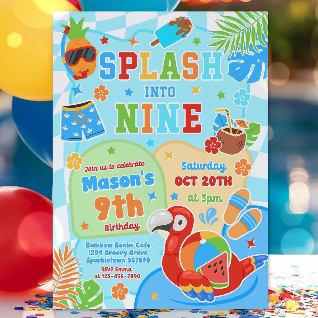 Editable Splash Into Nine 9th Birthday Pool Party Invitation Tropical ...