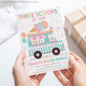 Editable Ice Cream Truck Three Scoops of Fun 3rd Birthday Party Invitation Ice Cream 3rd ...