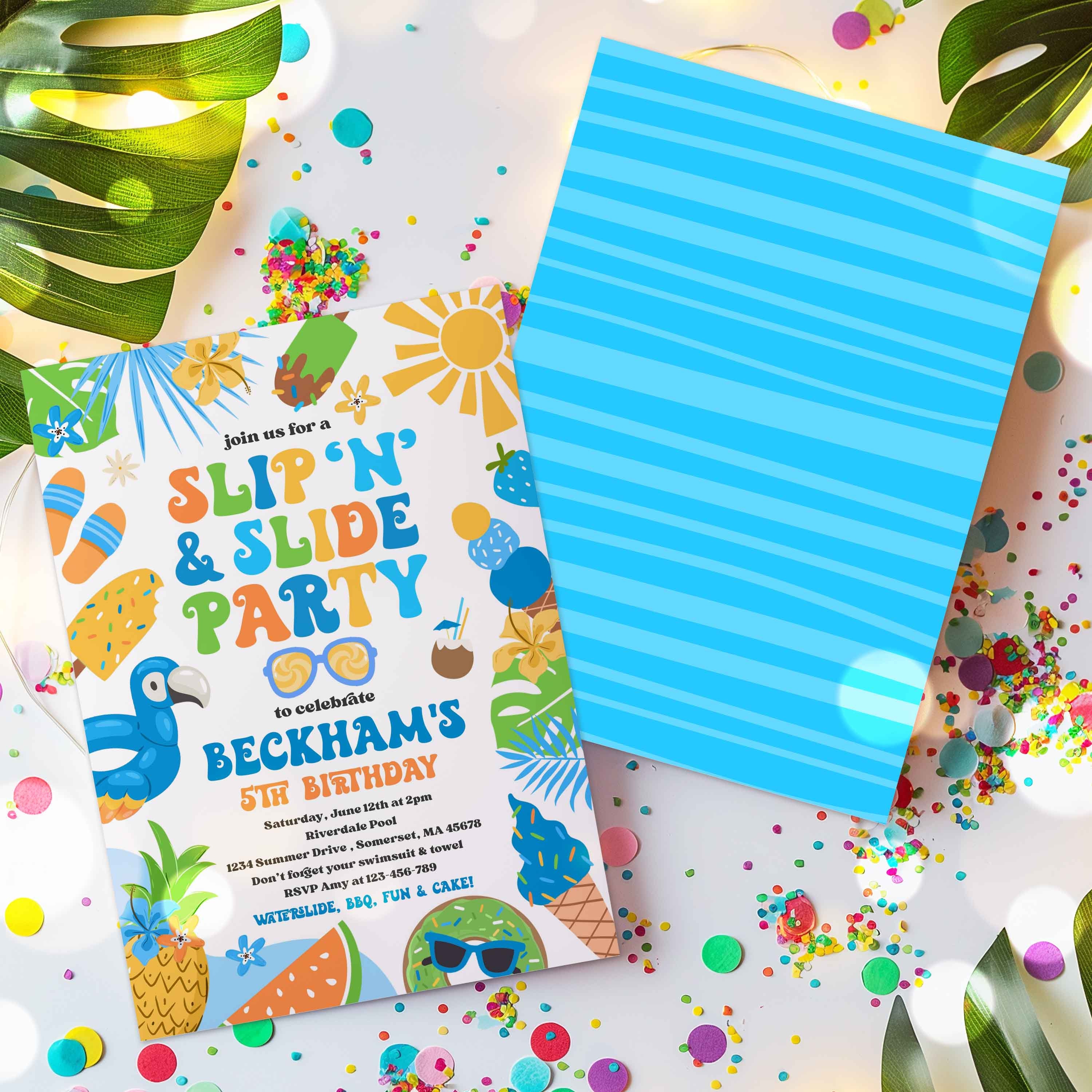 Editable Slip ’N’ Slide Birthday Party Invitation Tropical Splish ...
