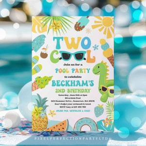 Editable Two Cool Birthday Party Invitation Tropical Splish Splash ...