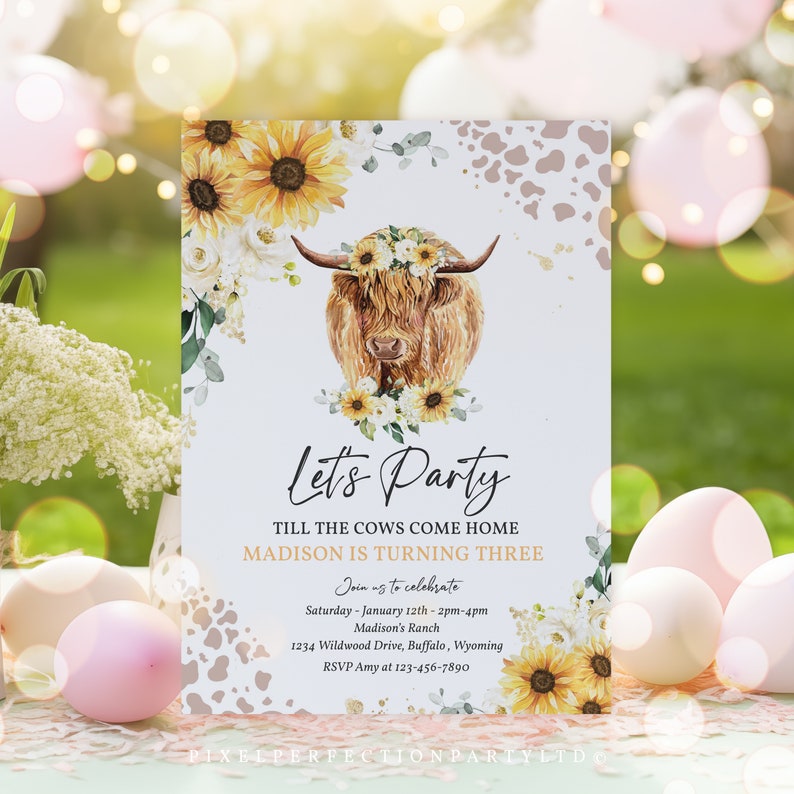 Editable Sunflower Cow Birthday Party Invitation Let's Party Till the ...