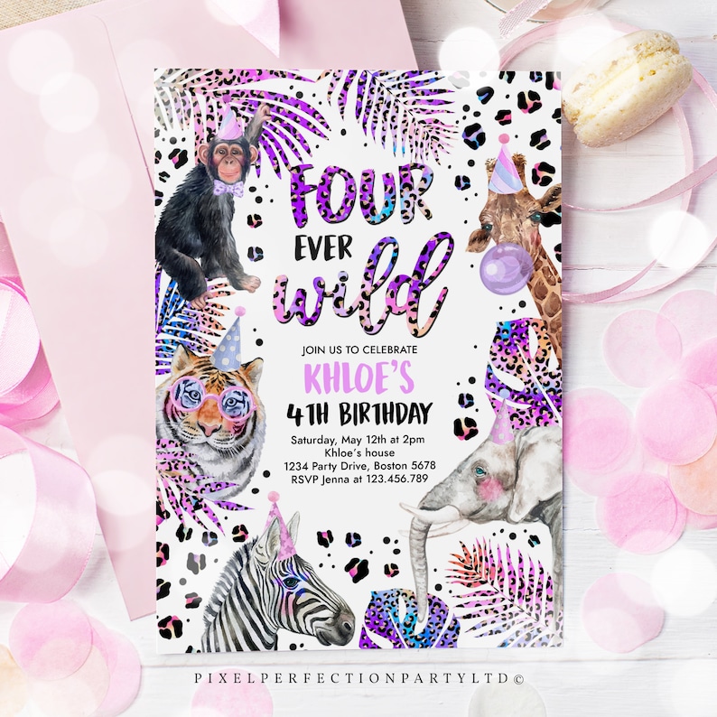 Editable Four Ever Wild Safari Animals 4th Birthday Invitation - Etsy
