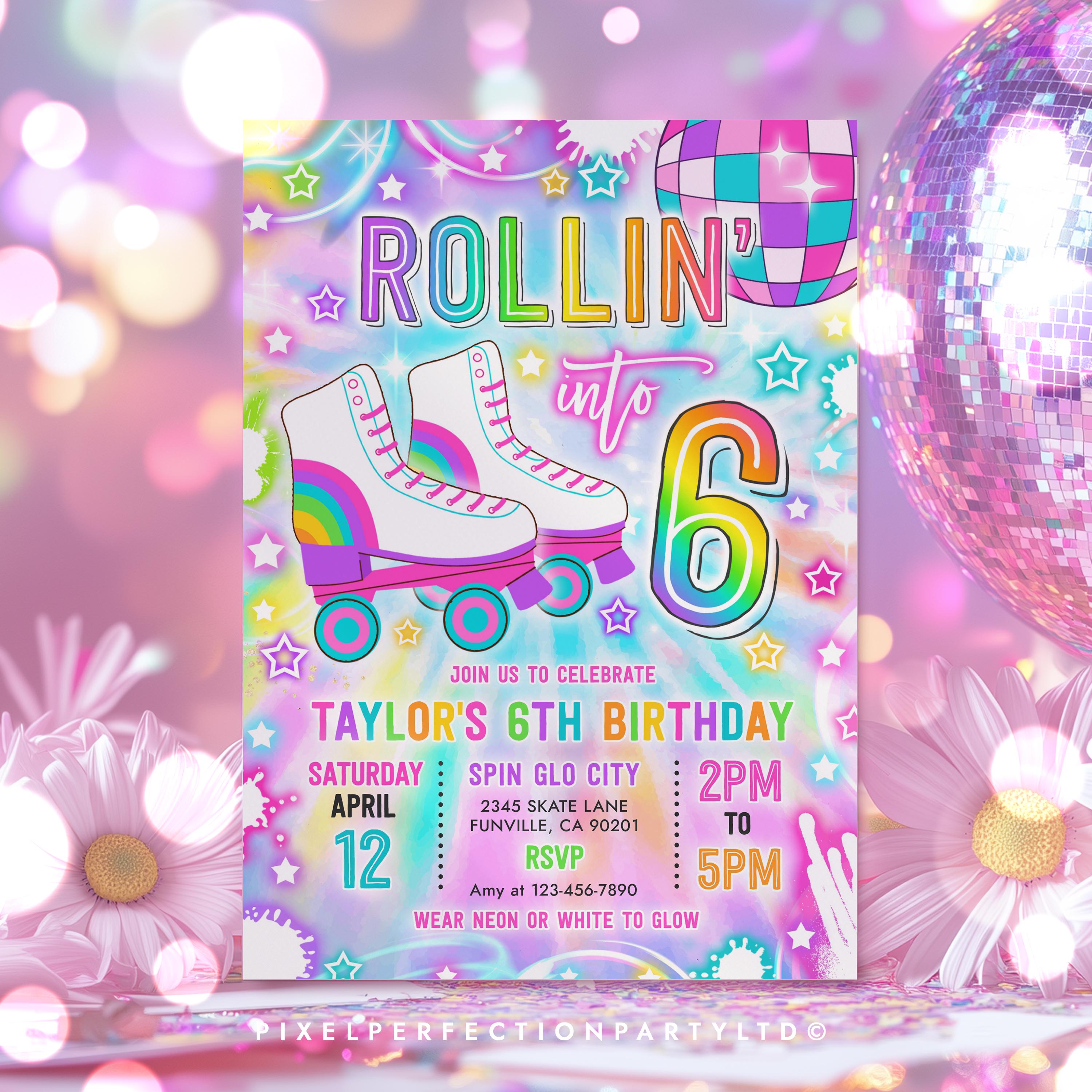 Editable Roller Skating 6th Birthday Party Invitation Rollin' Into Six ...