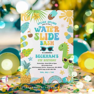 Editable Water Slide Birthday Party Invitation Tropical Splish Splash ...