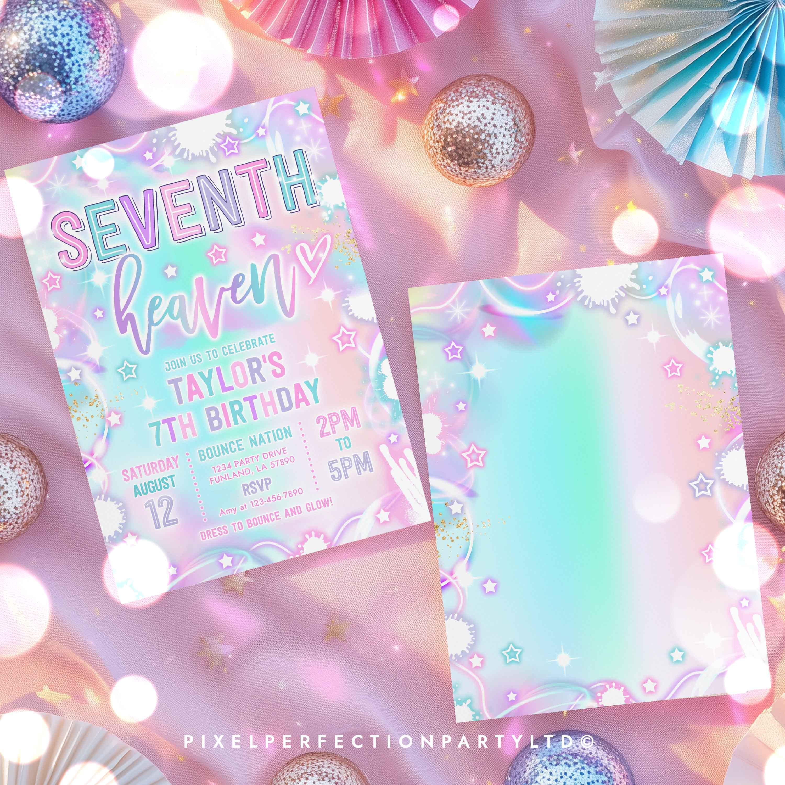 Editable 7th Heaven Pastel Neon Birthday Party Invitation Pastel Neon ...
