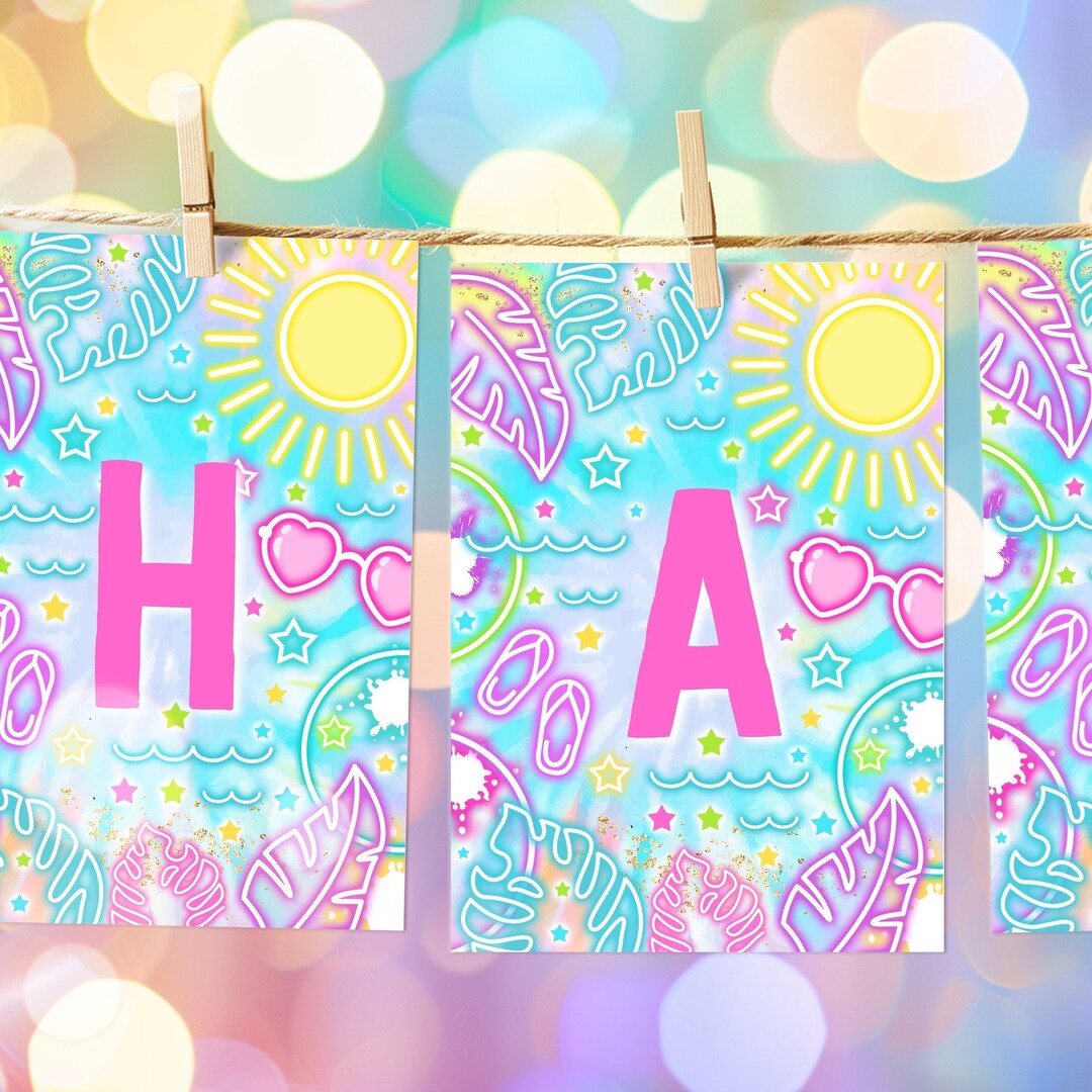 Editable Pool Party Birthday Banner Tropical Neon Splish Splash Girly ...