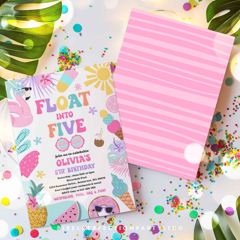 Editable Float Into Five 5th Birthday Party Invitation Tropical Summer ...