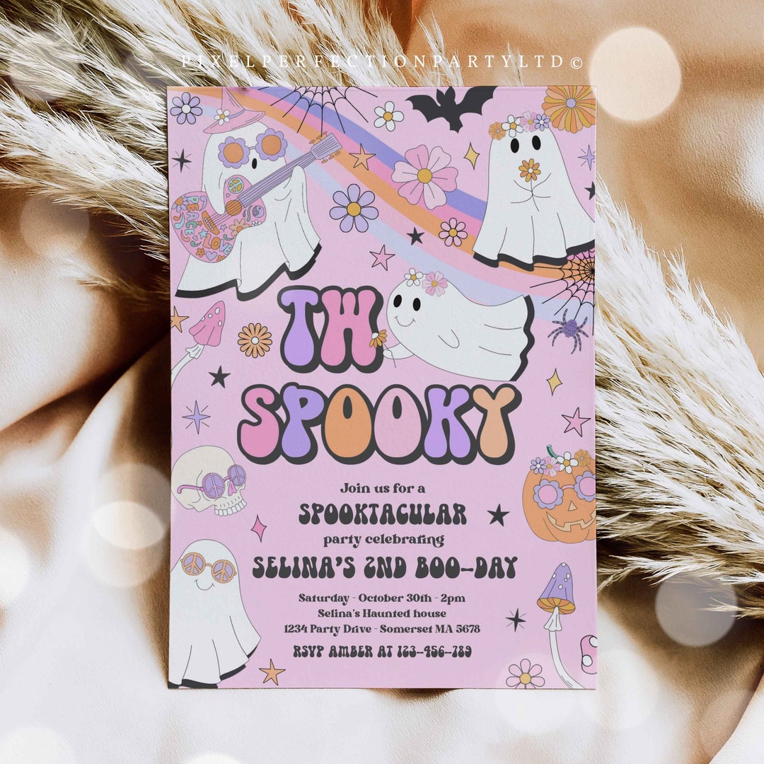 Editable Two Spooky Halloween Ghost 2nd Birthday Invitation Retro ...
