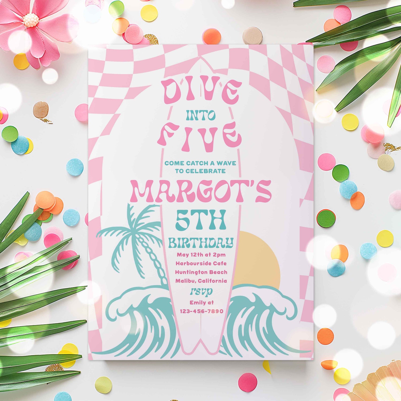 Editable Dive Into Five Surf 5th Birthday Party Invitation Girl Surf's ...