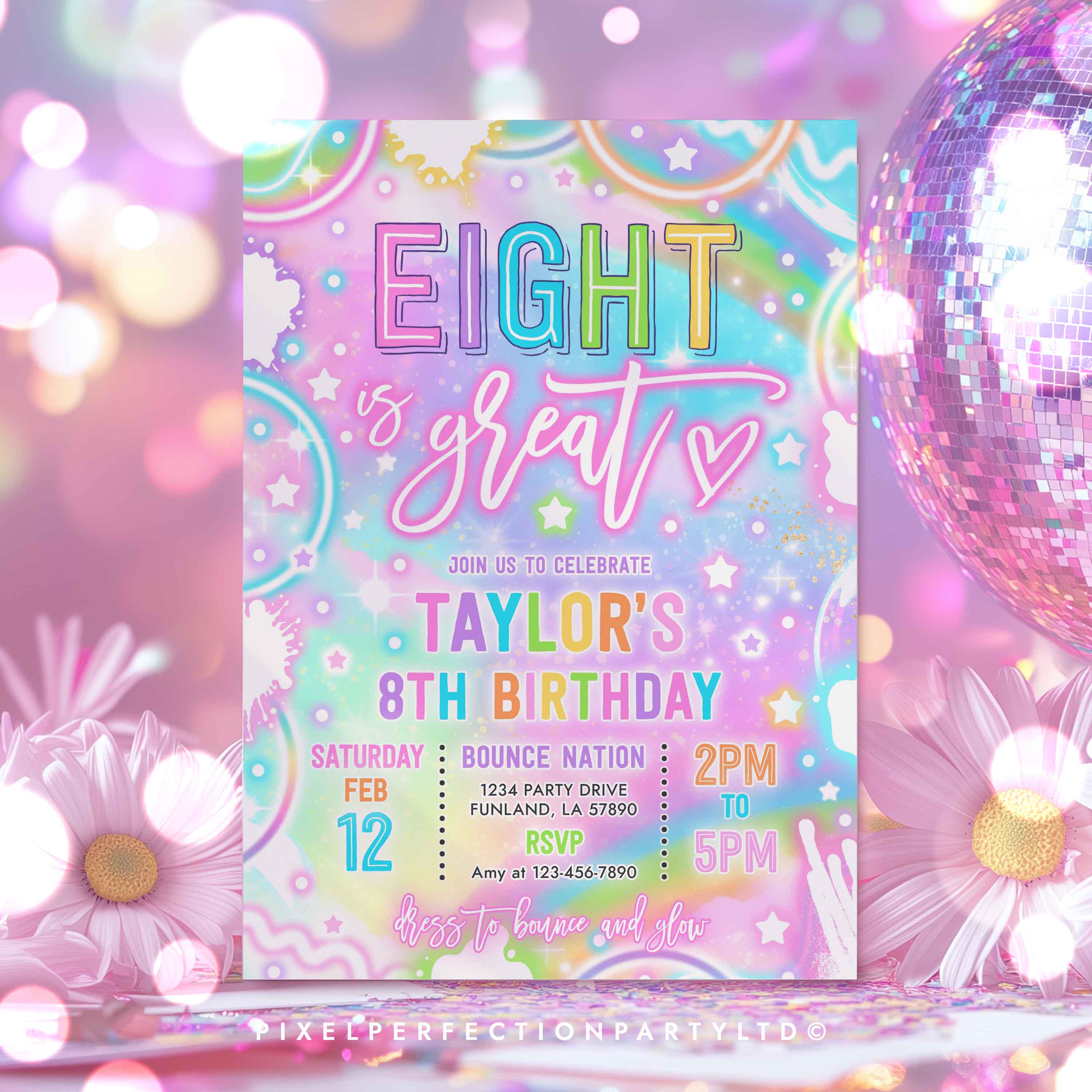Editable Eight is Great Birthday Party Invitation Neon Glow 8th ...