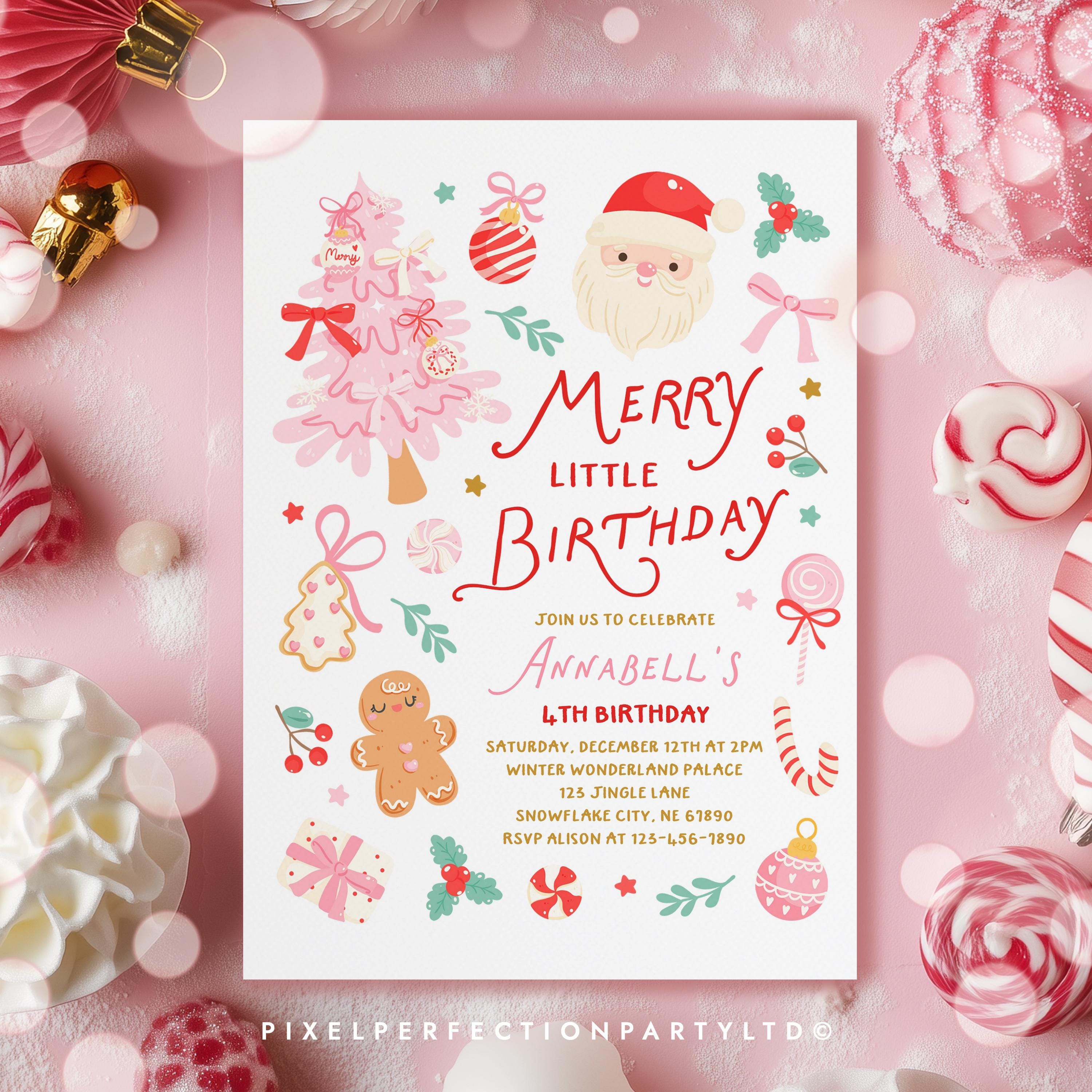 Editable Merry Little Birthday Party Invitation Christmas Red & Pink ...