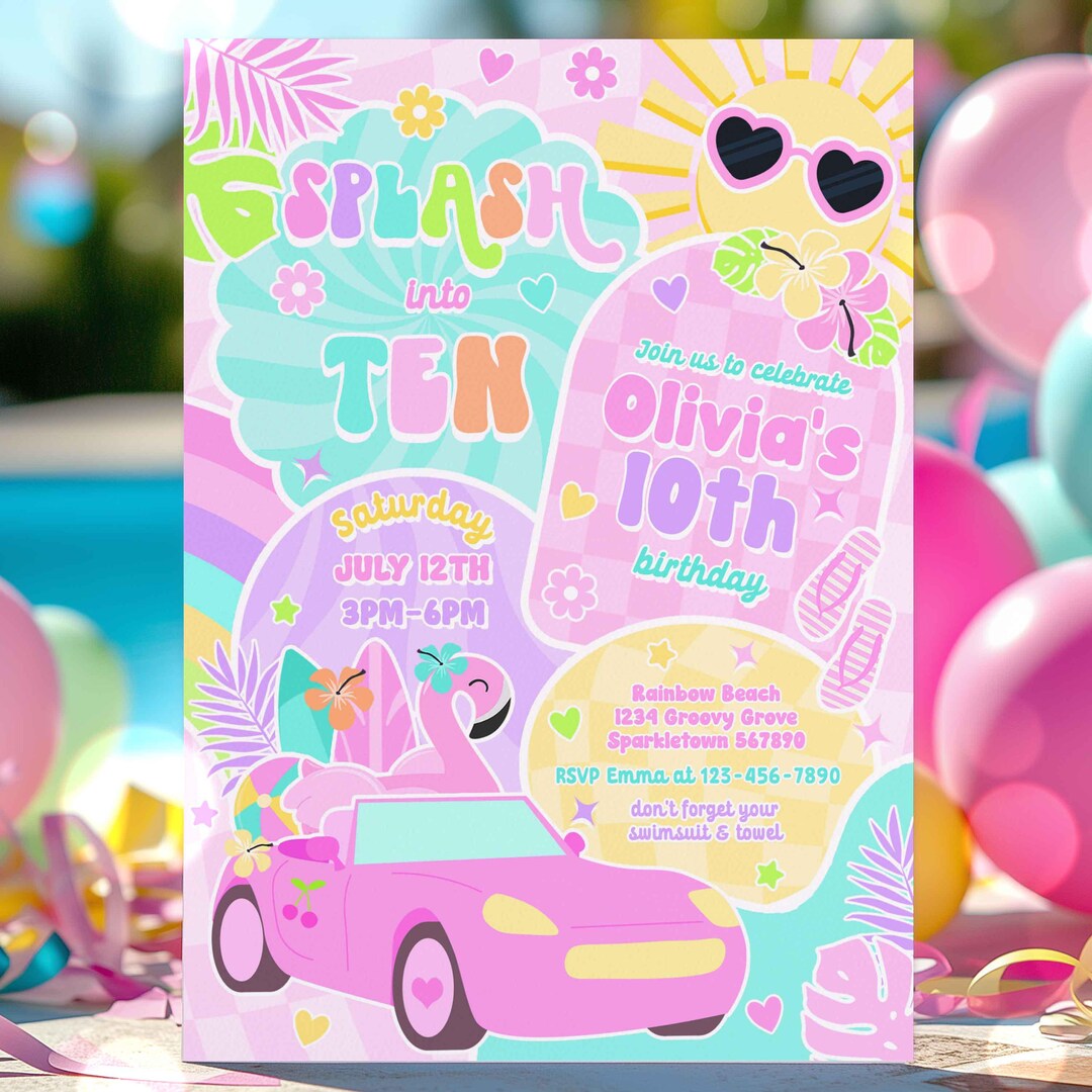 Editable Splash Into Ten Malibu Beach Pink Girly Pool Party Invitation ...