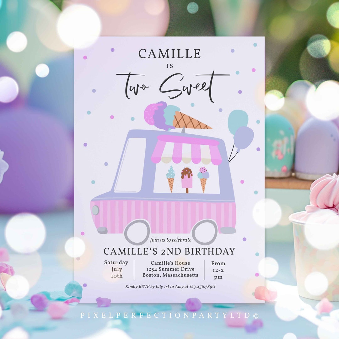 Editable Ice Cream Truck Birthday Party Invitation Ice Cream Two Sweet ...