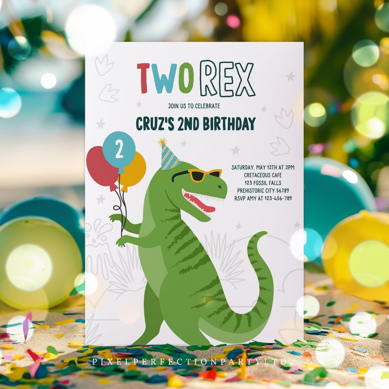 Editable Two Rex Dinosaur Birthday Party Invitation Boy T-rex Dinosaur ...