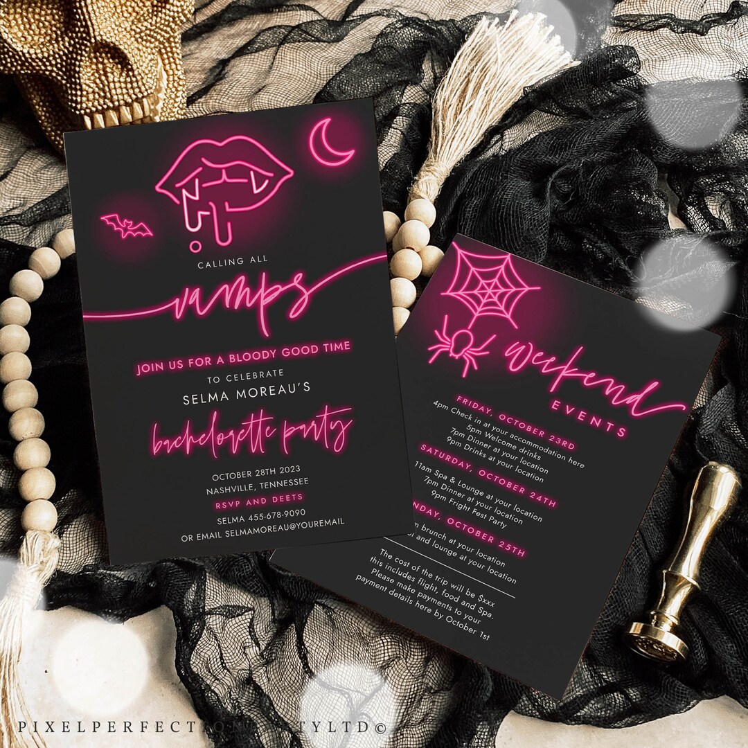 Editable Neon Halloween Vampire Bachelorette Weekend Invitation ...