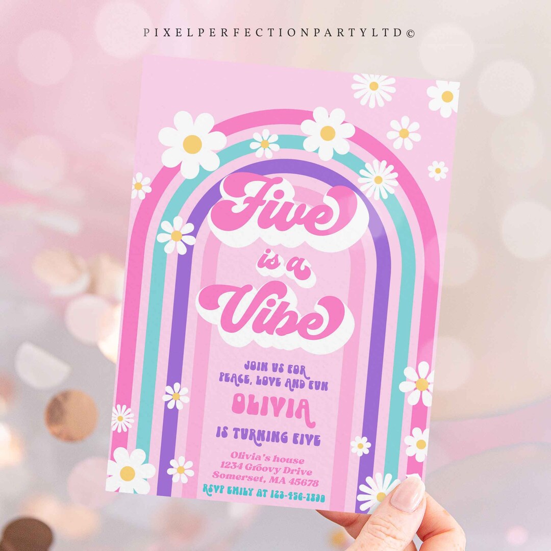 Editable Five is A Vibe Groovy Birthday Party Invitation Groovy Rainbow ...