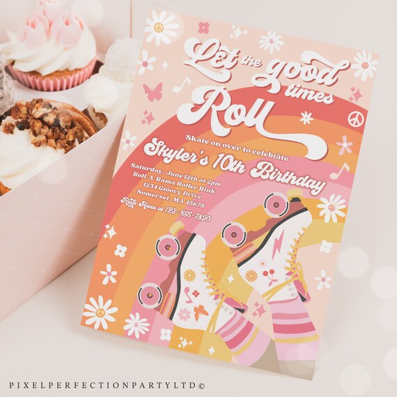 Editable Roller Skating Birthday Party Invitation Groovy Retro Let The ...
