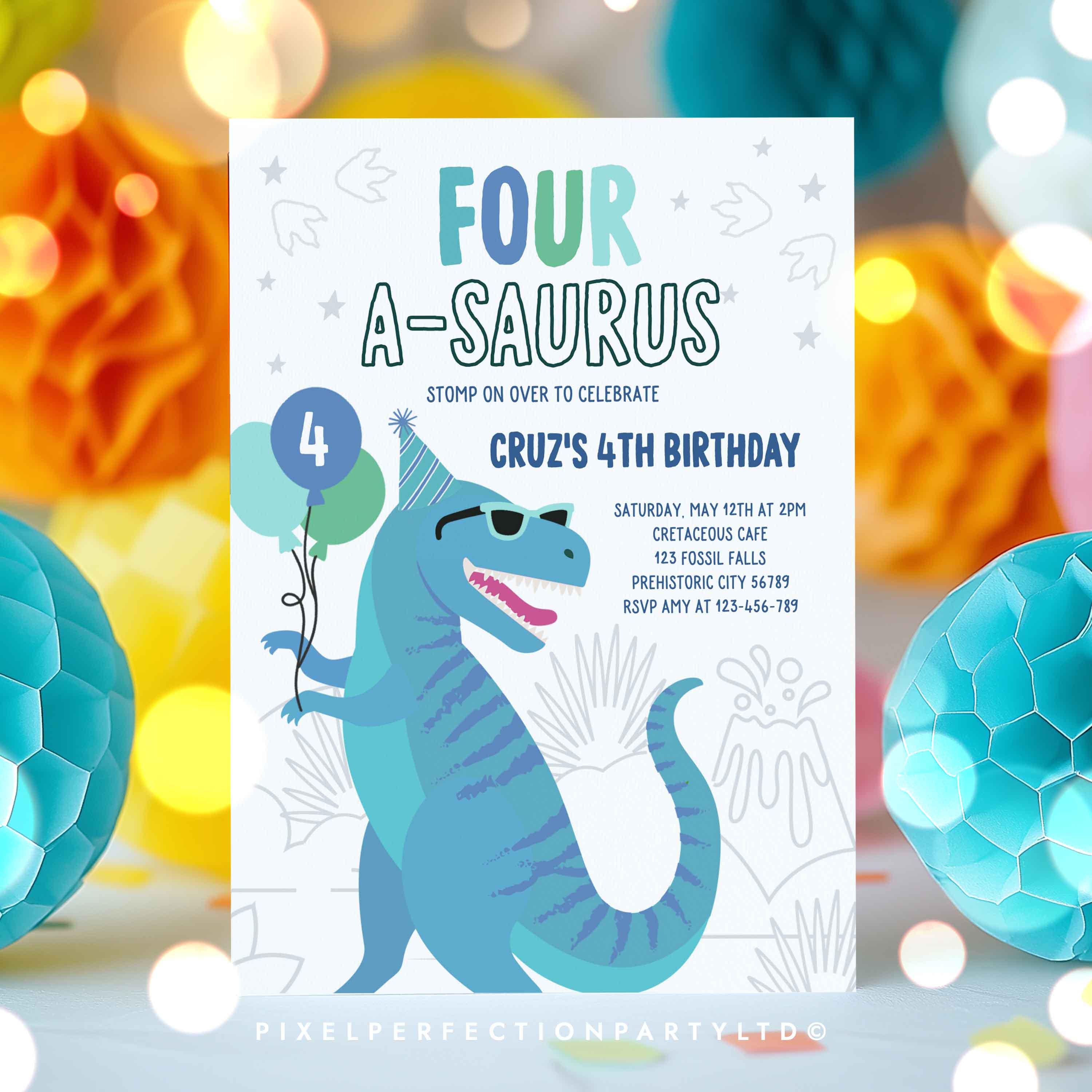 Editable Four-a-saurus Dinosaur 4th Birthday Party Invitation Boy T-rex ...