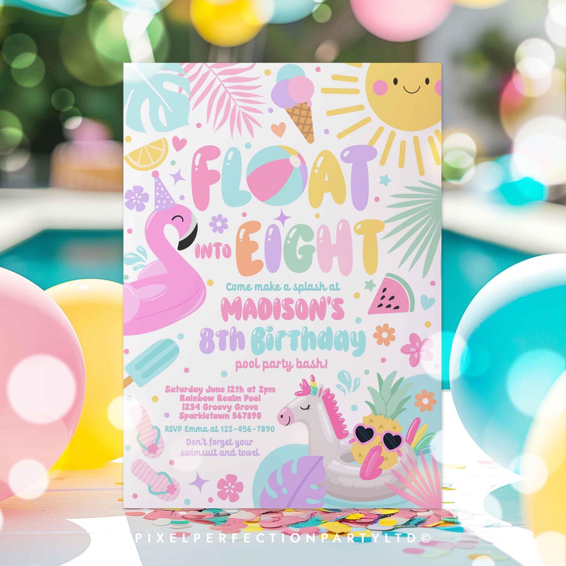 Editable Float Into Eight 8th Birthday Pool Party Invitation Tropical ...
