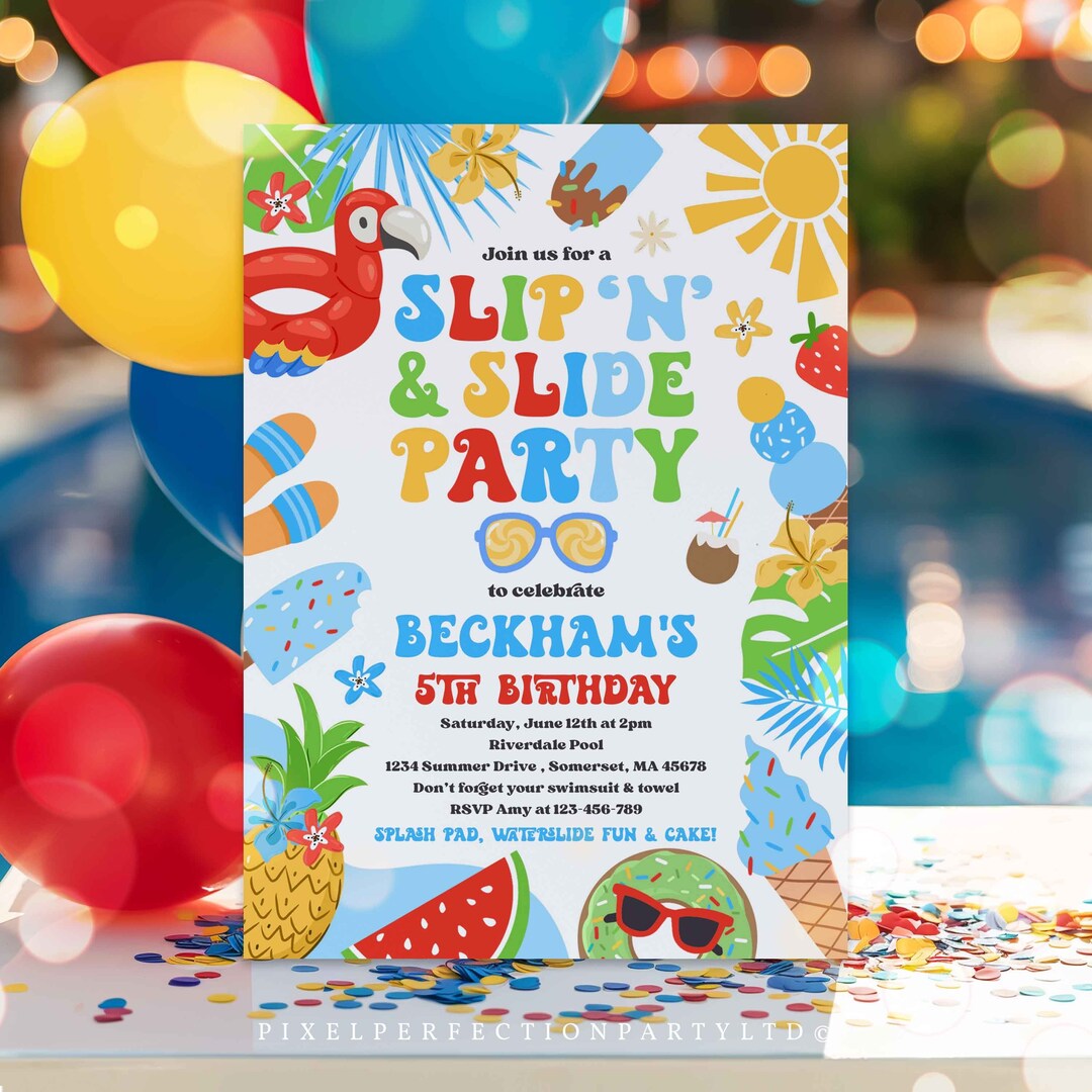 Editable Slip ’N’ Slide Birthday Party Invitation Tropical Splish ...