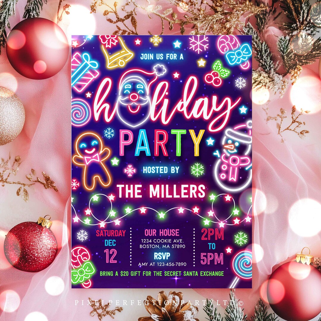 Editable Glow Holiday Party Invitation Neon Christmas Party Invitation ...