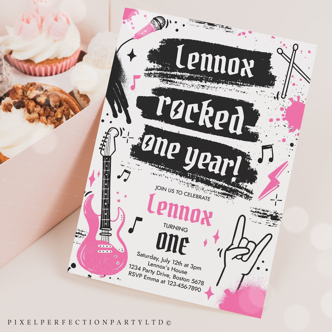 Editable Rock and Roll 1st Birthday Party Girl Rocked One Year 1st ...