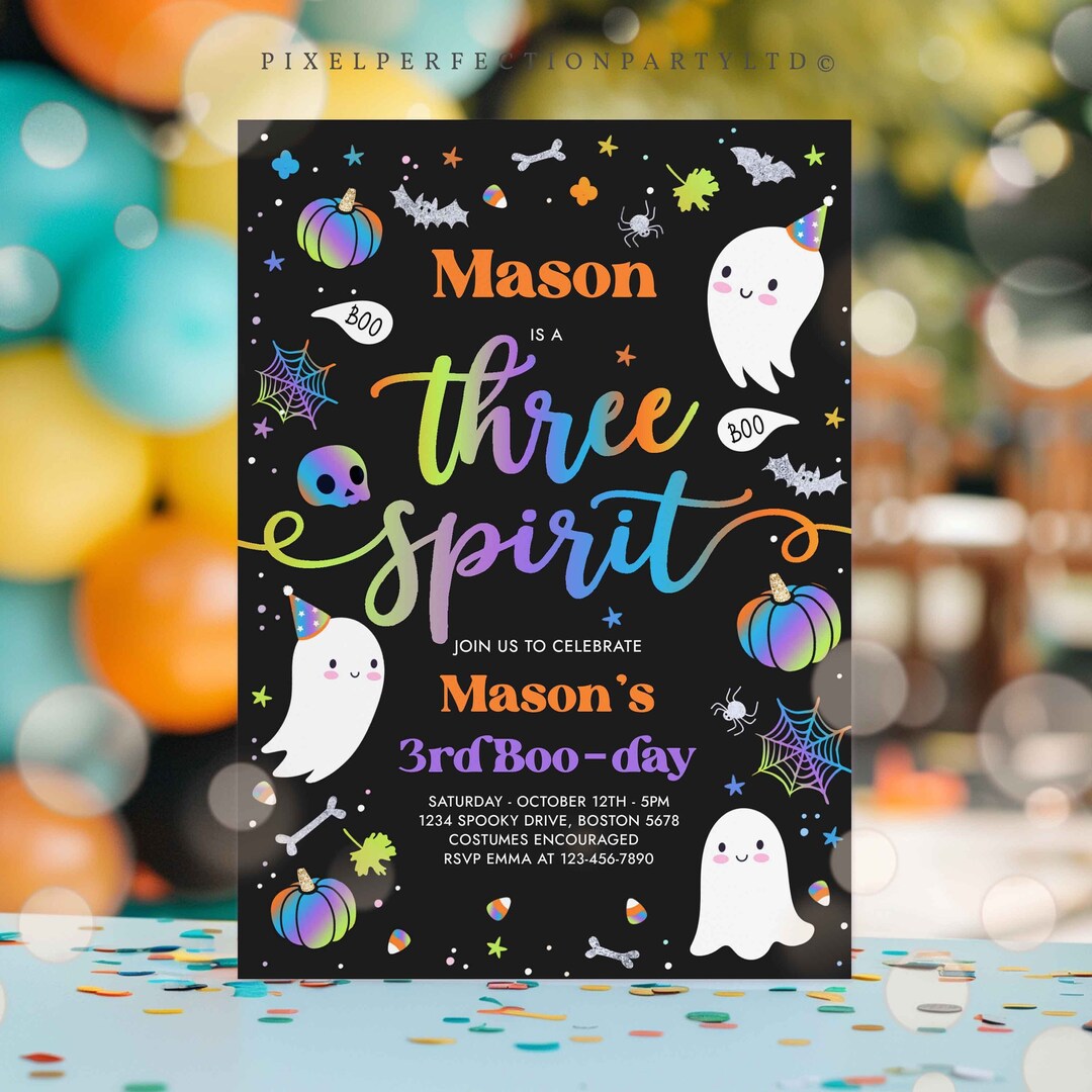 Editable Three Spirit Halloween Ghost 3rd Birthday Party Invitation ...