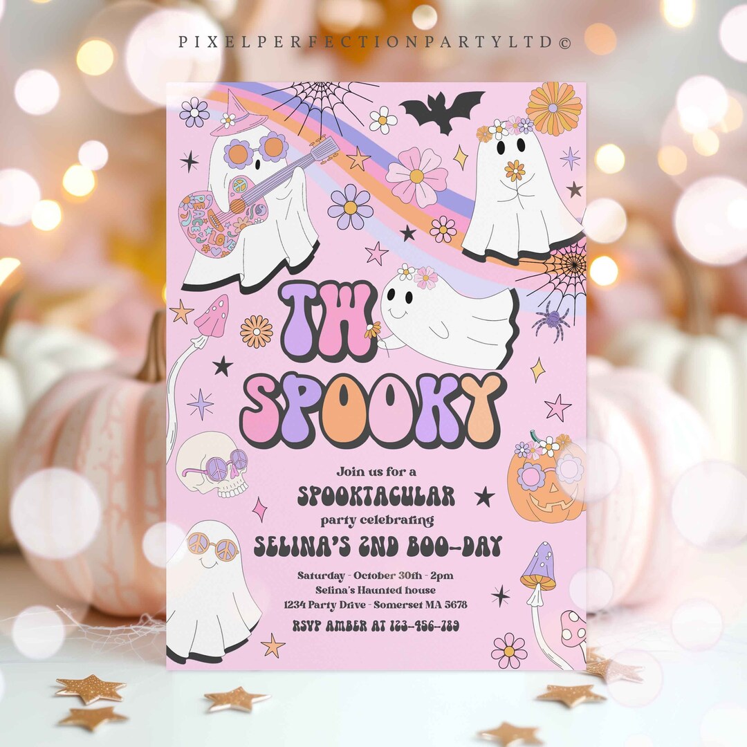 Editable Two Spooky Halloween Ghost 2nd Birthday Invitation Retro ...
