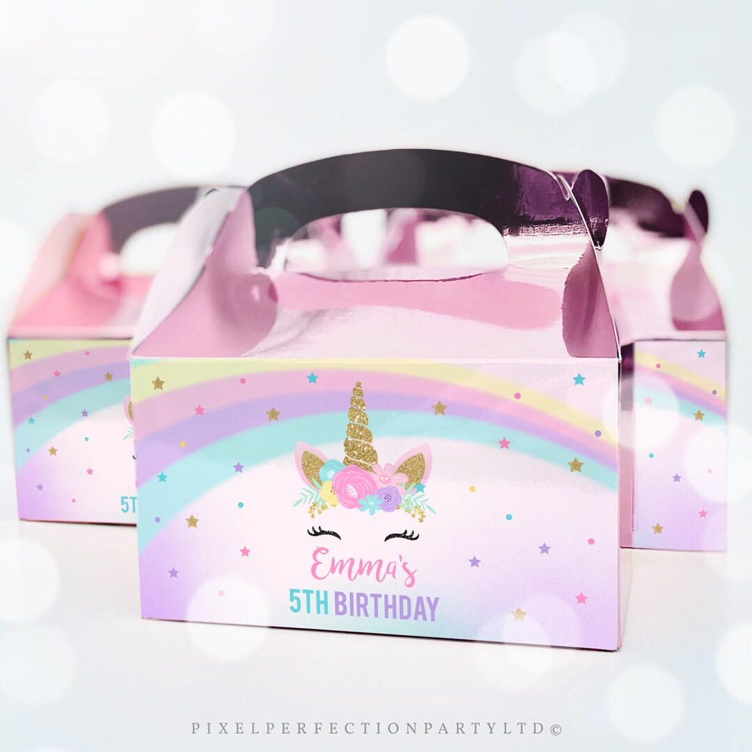 Editable Unicorn Gable Box Favor Labels Rainbow Unicorn Gable Gift Box ...