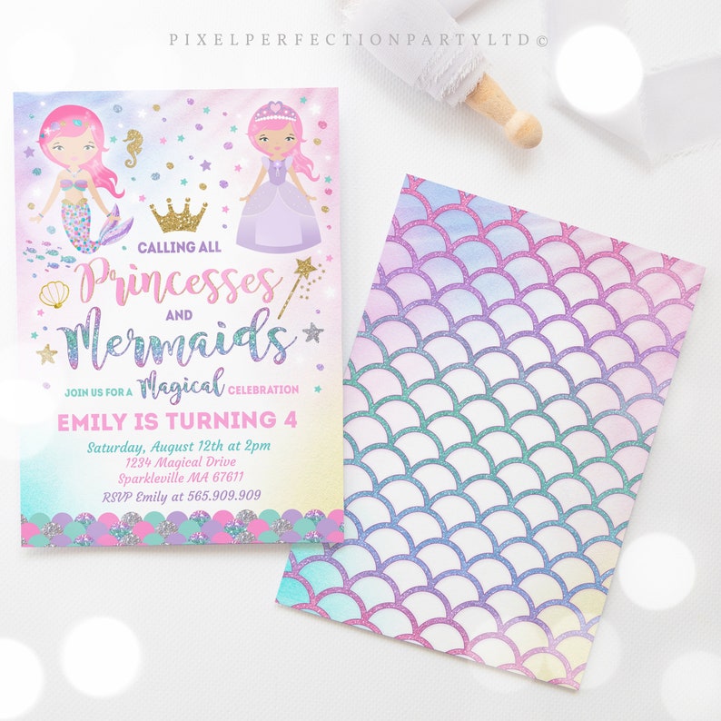 Editable Mermaid and Princess Birthday Invitation Princess and Mermaid ...