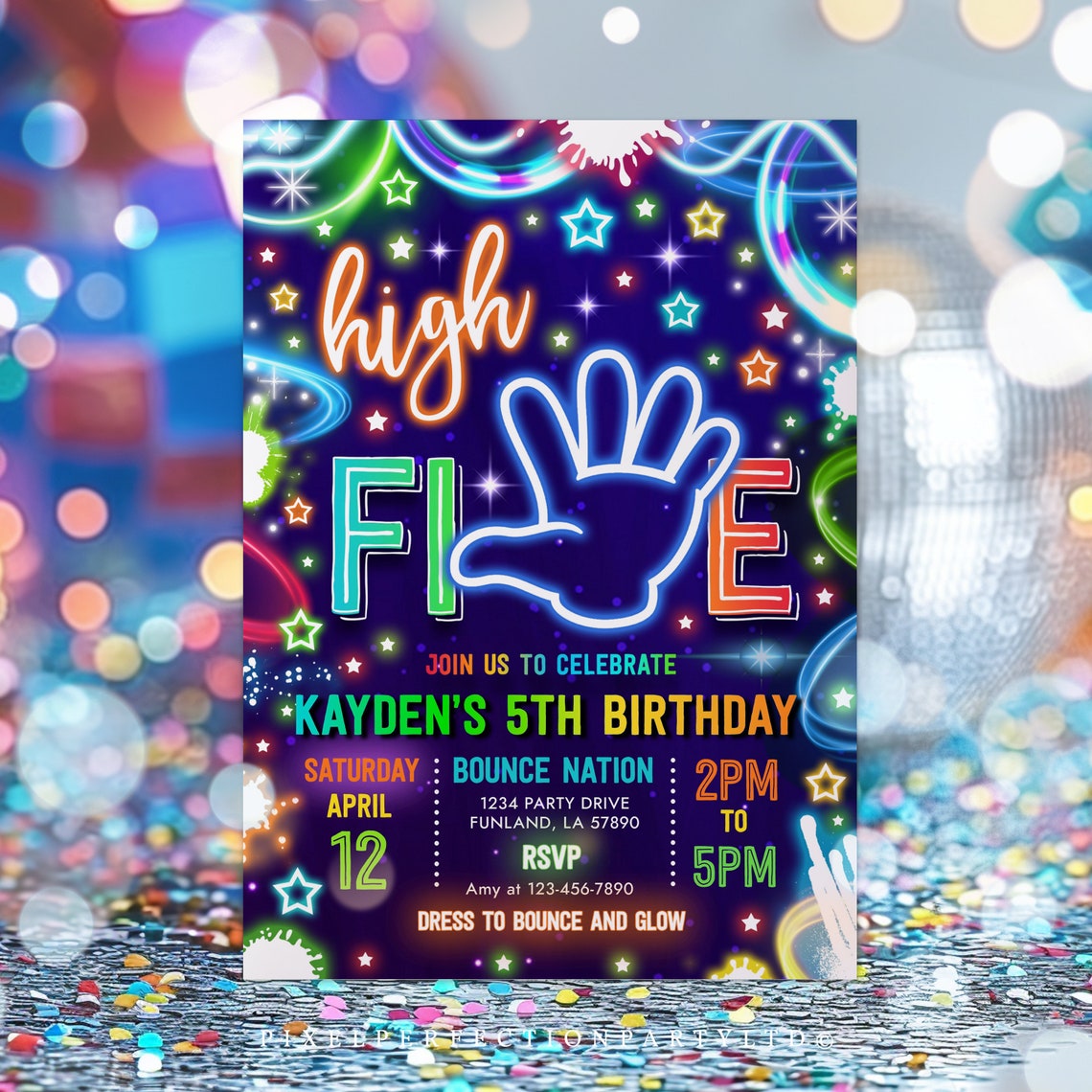 Editable High Five Birthday Party Invitation Neon Glow High Five Hi ...