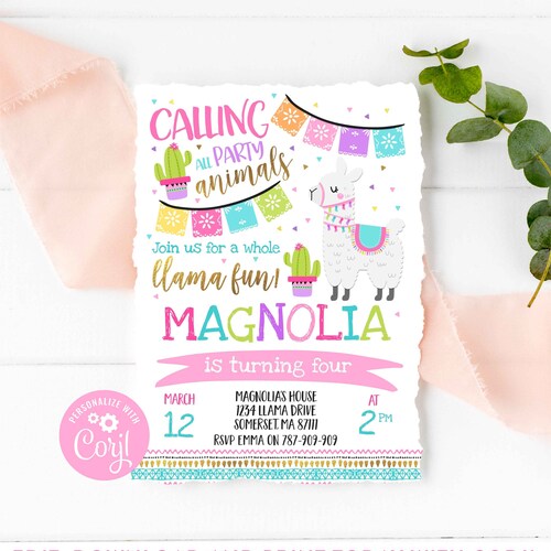 Llama Birthday Invitation Whole Llama Fun Invite Cactus Alpaca - Etsy