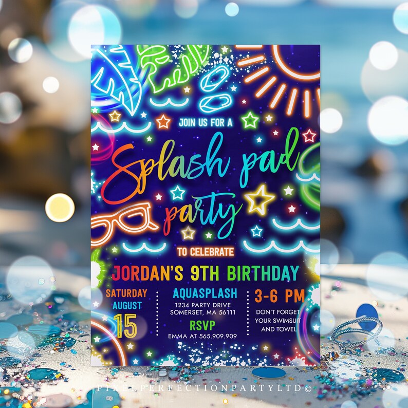 Editable Splash Pad Birthday Party Invitation Glow Neon Tie Dye Summer ...