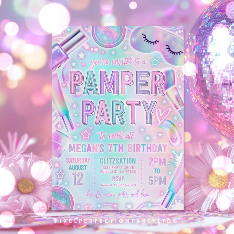 Editable Pamper Party Birthday Invitation Neon Glow Pamper Spa Party ...