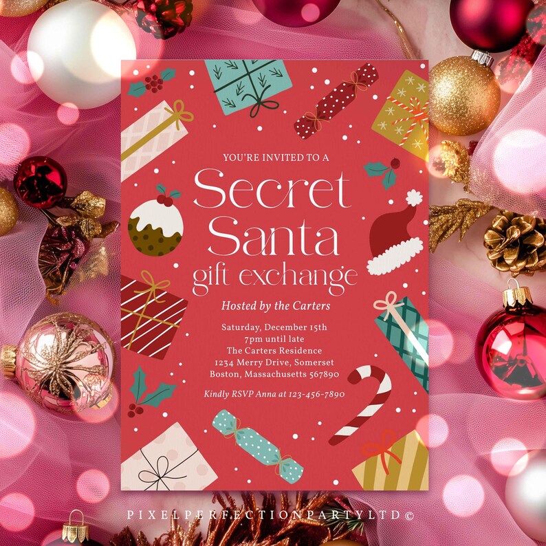 Editable Secret Santa Gift Exchange Invitation Santa Holiday Gift ...