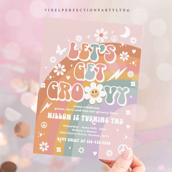 Editable Let’s Get Groovy Birthday Party Invitation Peace Love Party ...
