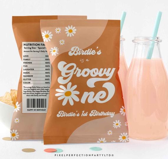 Editable Groovy Birthday Party Chip Bag Label Tan Retro Groovy Floral ...