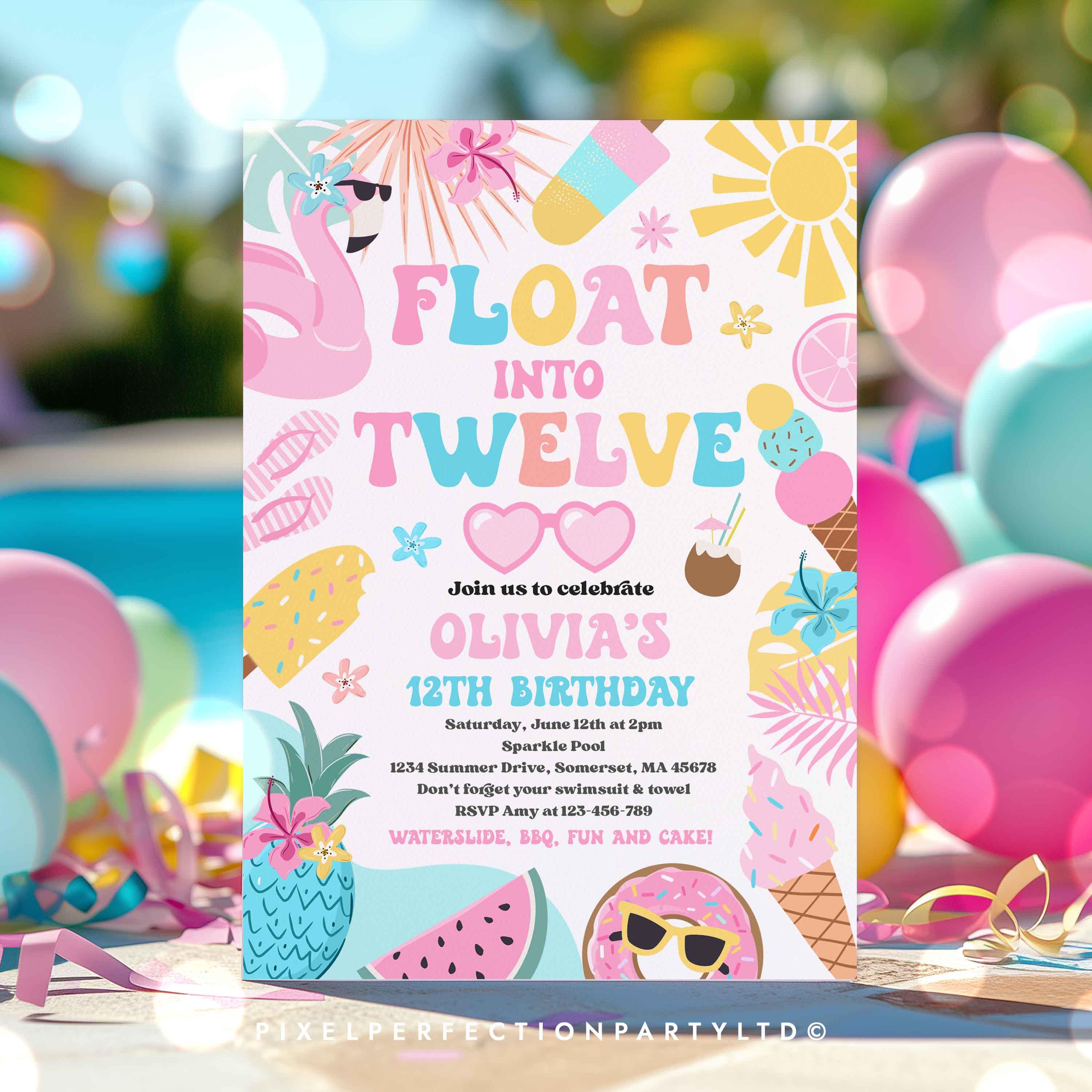 Editable Float Into Twelve 12th Birthday Party Invitation Tropical ...