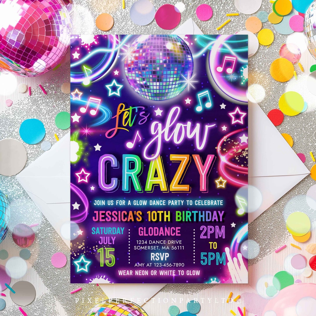 Editable Glow Disco Party Invitation Neon Glow Dance Party Invitation ...