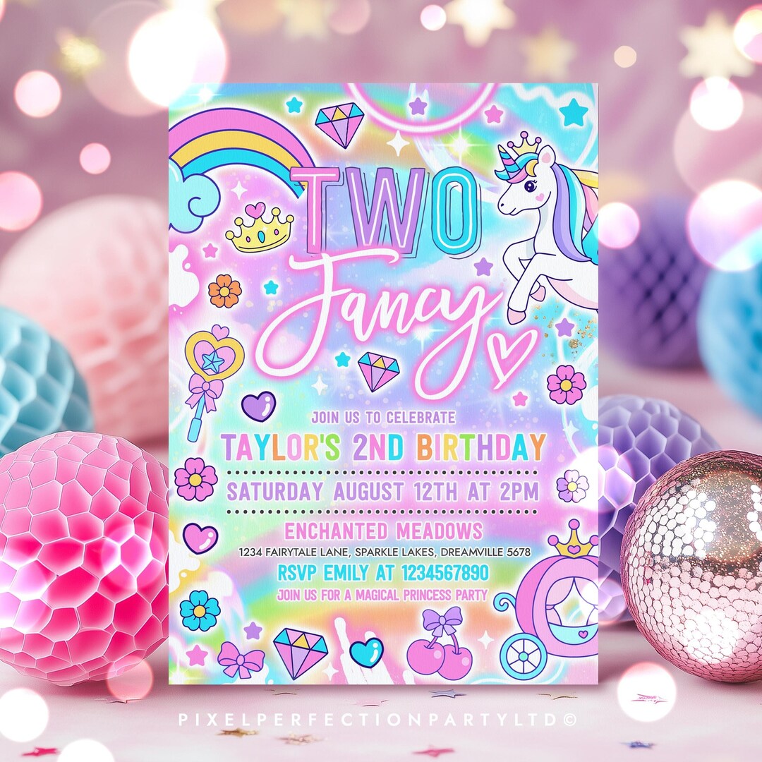 Editable Two Fancy Princess 2nd Birthday Party Invitation Neon Glow ...