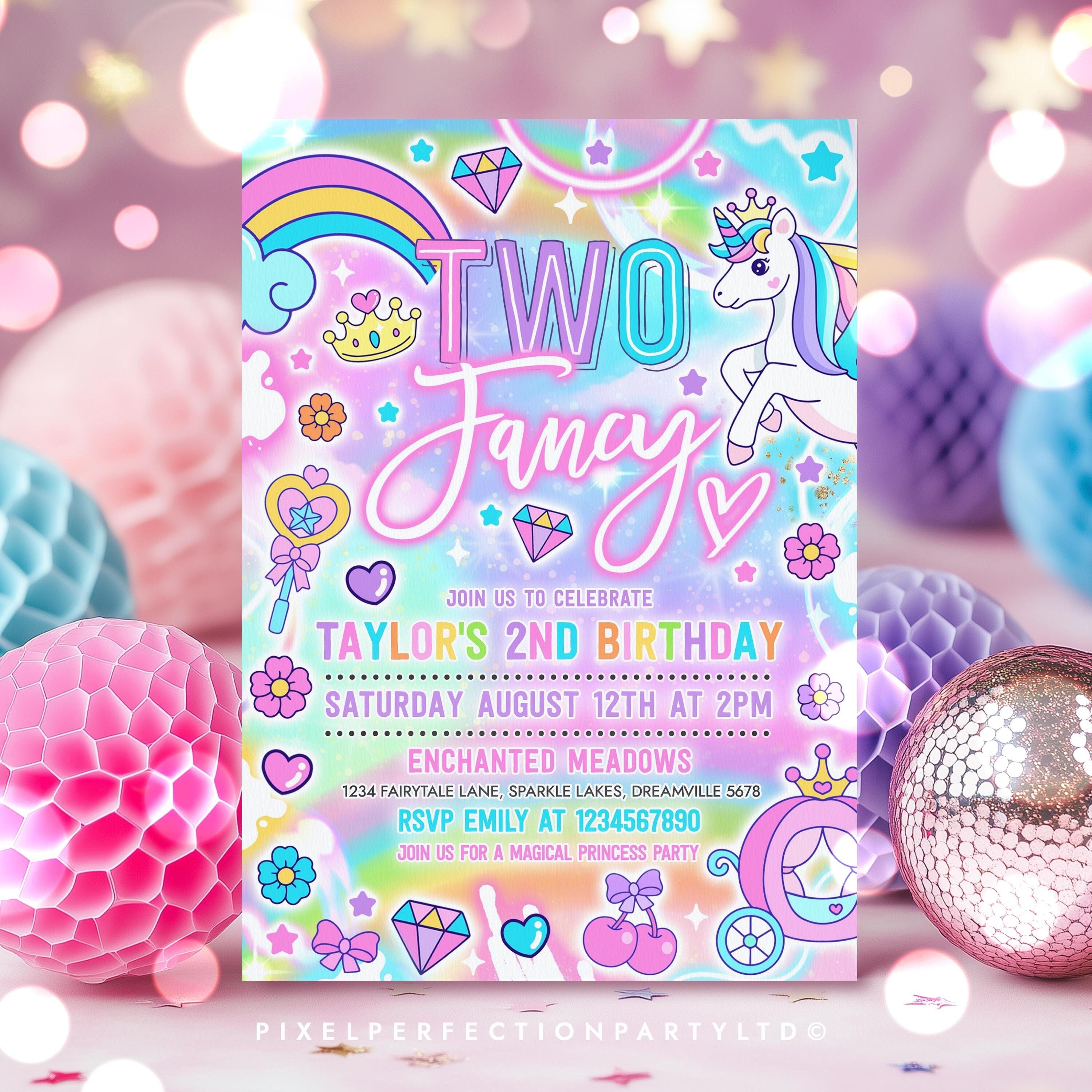 Editable Two Fancy Princess 2nd Birthday Party Invitation Neon Glow ...