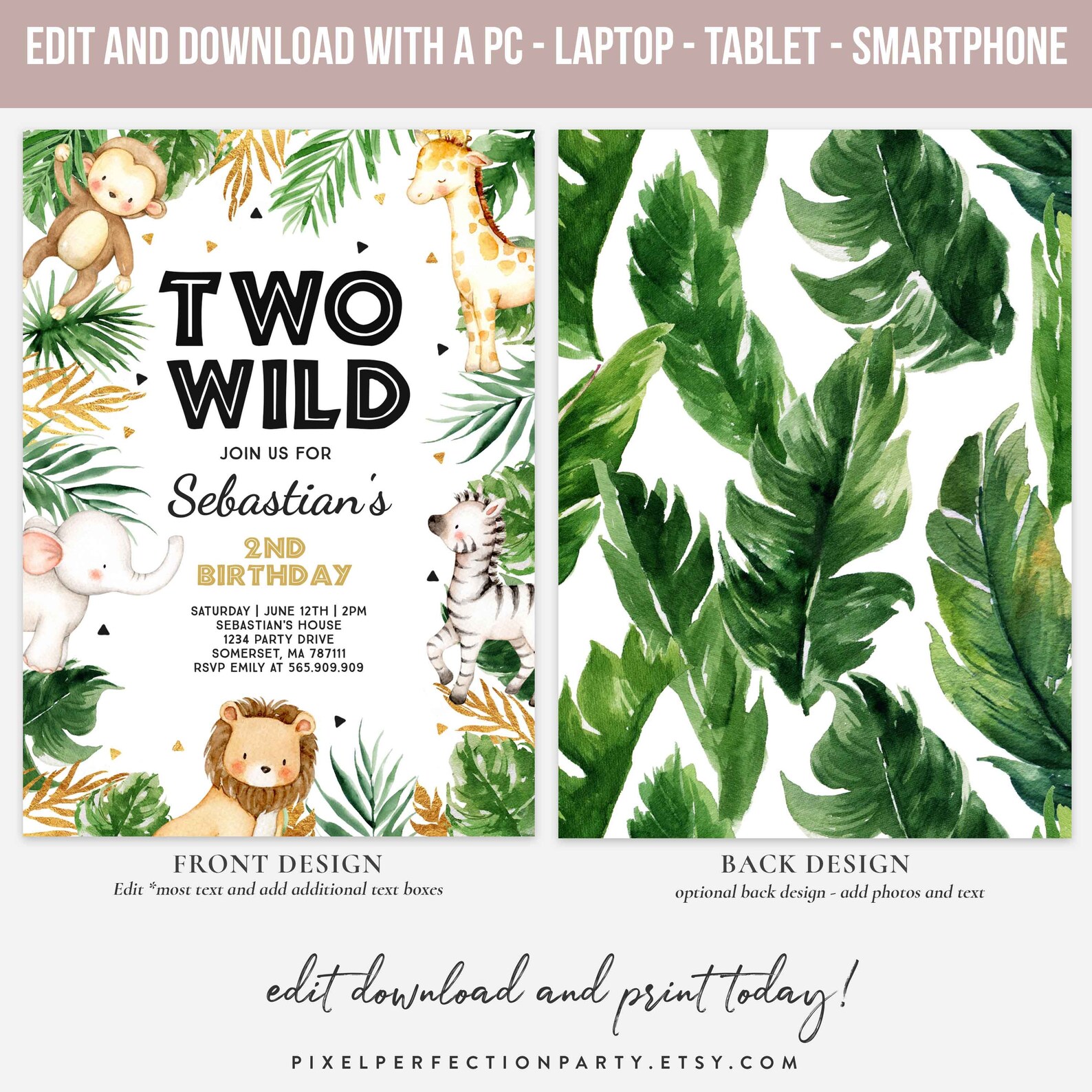Two Wild Birthday Invitation Jungle Safari Animals Invitation - Etsy